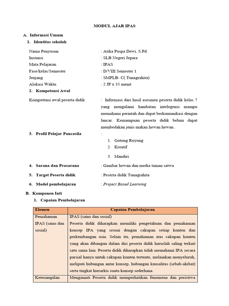Modul Ajar IPAS untuk SMPLB Tunagrahita | PDF