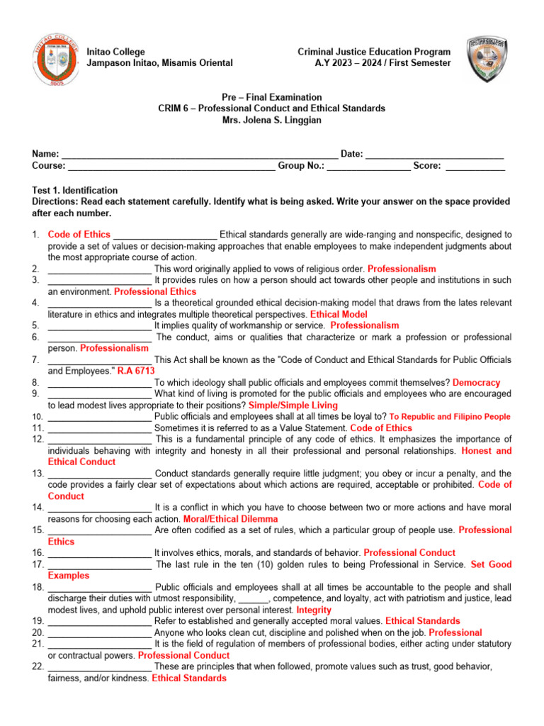 Criminal Justice Ethics Exam 2023-2024 | PDF | Integrity | Morality