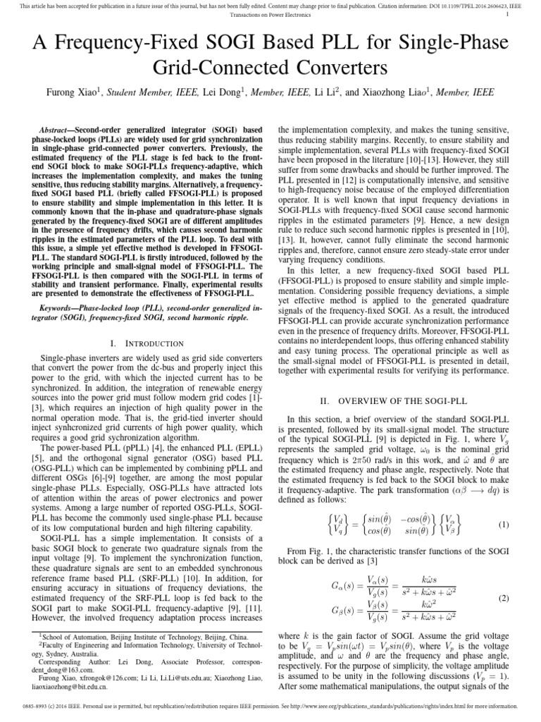 A Frequency-Fixed SOGI Based PLL For Single-Phase | PDF | Electrical Engineering | Information ...