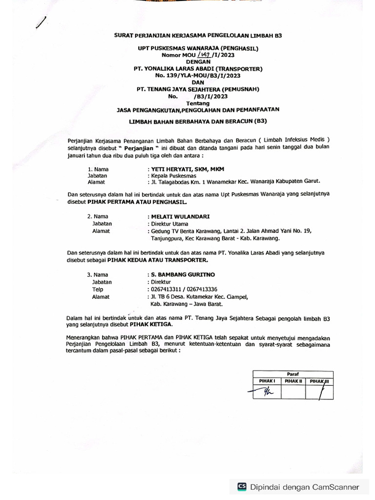 Mou Limbah B3 PT Yonalika 1 | PDF
