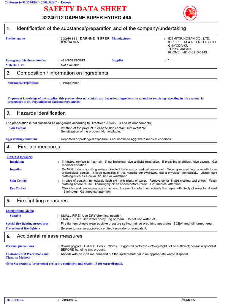 MSDS Dn. Super Hydro 46A-Sakai Indonesia (PT. Idemistu) | PDF ...
