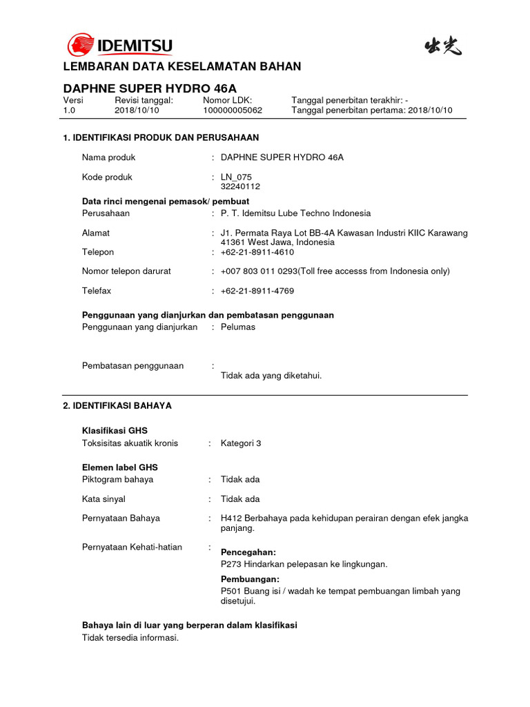 Data Keselamatan DAPHNE SUPER HYDRO 46A | PDF | Kesehatan Holistik