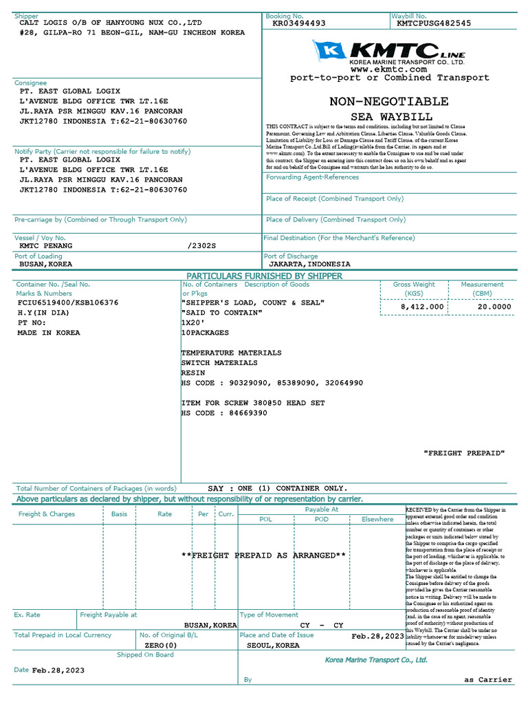Sur MBL - Kmtcpusg482545 | Download Free PDF | Bill Of Lading | Common ...