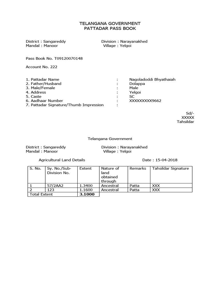New Pattadar Passbook | PDF
