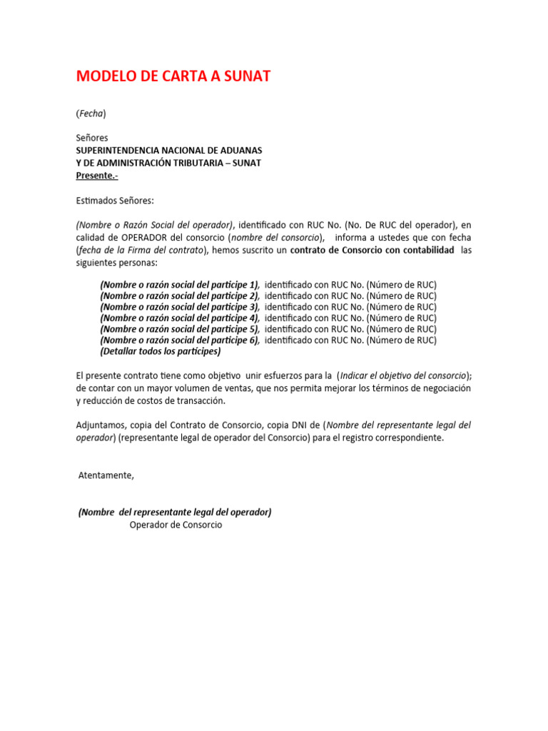 MODELO de CARTA A SUNAT Consorcio Con Contabilidad | PDF