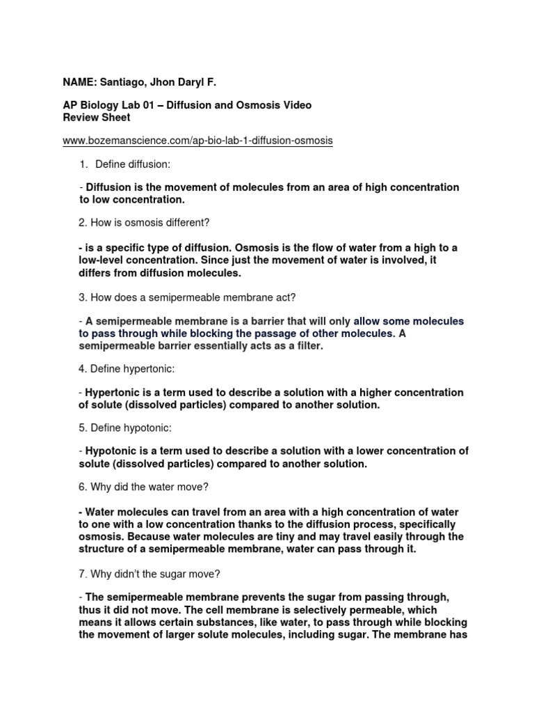 Diffusion and Osmosis Worksheet | PDF | Osmosis | Cell Membrane