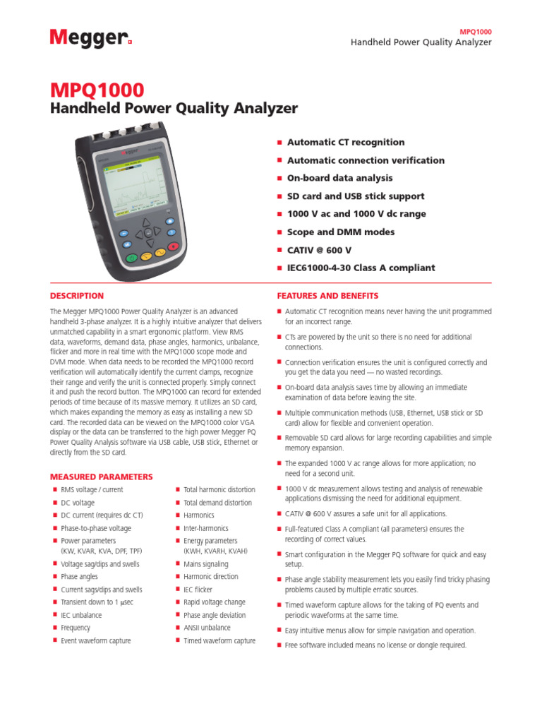 Megger MPQ1000 - Handheld Power Quality Analyzer Datasheet | PDF | Electronics | Computer ...