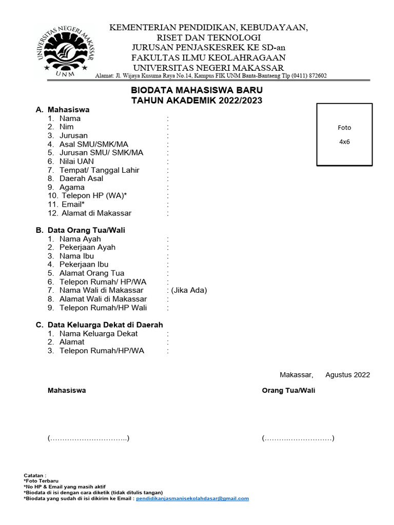 FORMAT BIODATA MABA DAN SURAT PERNYATAAN FISIOTERAPI FIK UNM 2022 | PDF