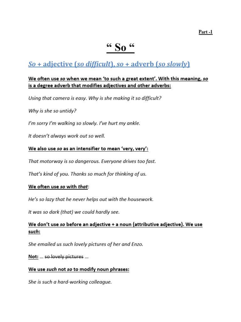 So + Adjective (So Difficult), So + Adverb (So Slowly) : Part - 1 | PDF ...