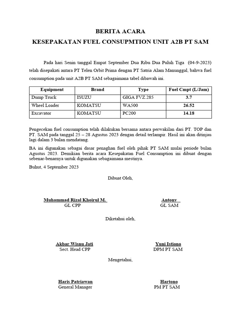 Berita Acara Fuel Consumption | PDF
