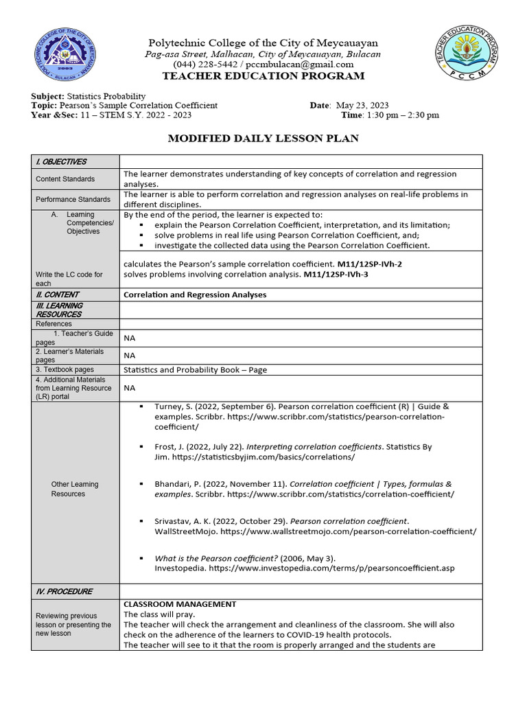 Pearson Correlation Coefficient Lesson Plan | PDF | Statistics ...