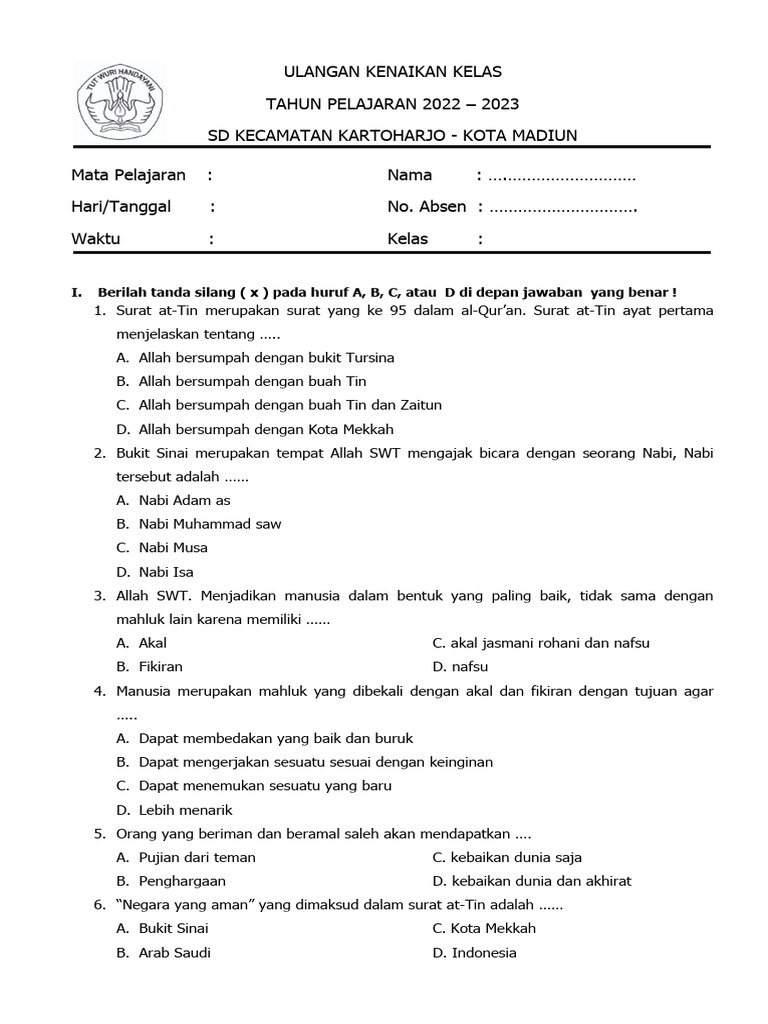 Soal Pas Semester 2 Pai Kelas 4 Kurmer | PDF