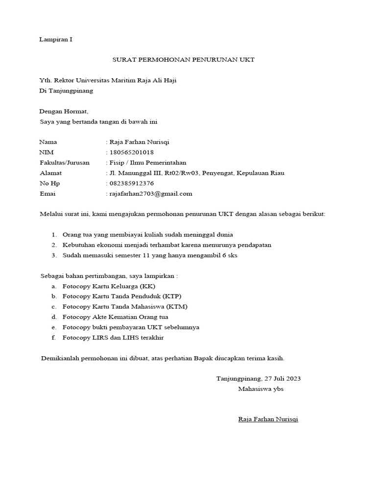 Surat Permohonan Penurunan UKT | PDF