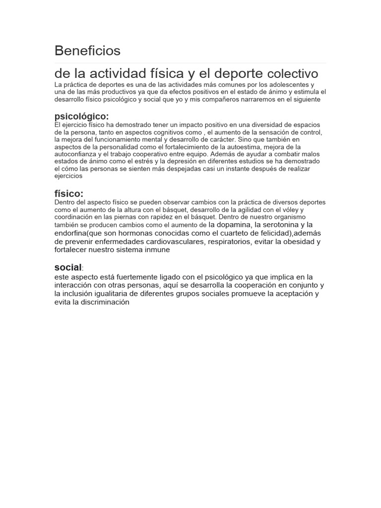 Beneficios de La Actividad Fisica (Spicologico, Fisico, Social) | PDF ...