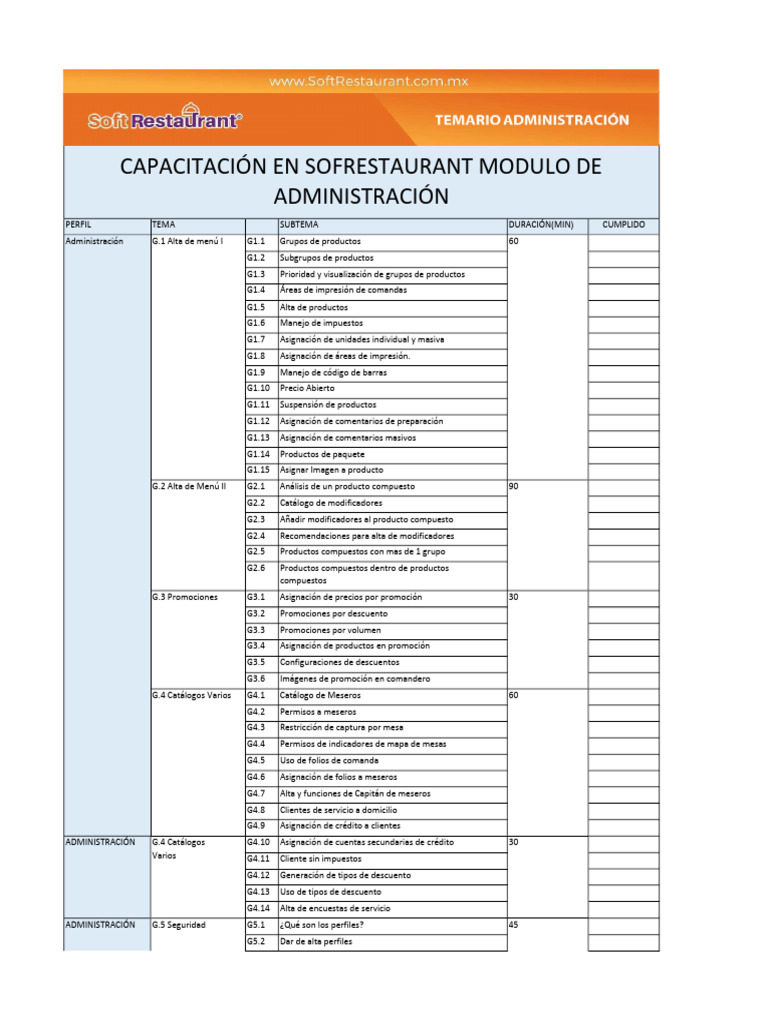 Temario Softrestaurant Modulo de Administracion | PDF | Informática
