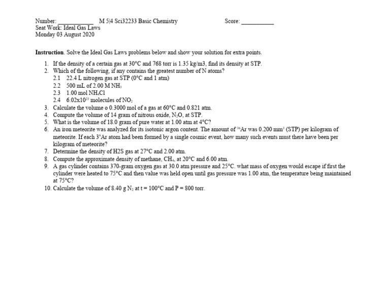 Ideal Gas Laws Problem Set Solutions | PDF