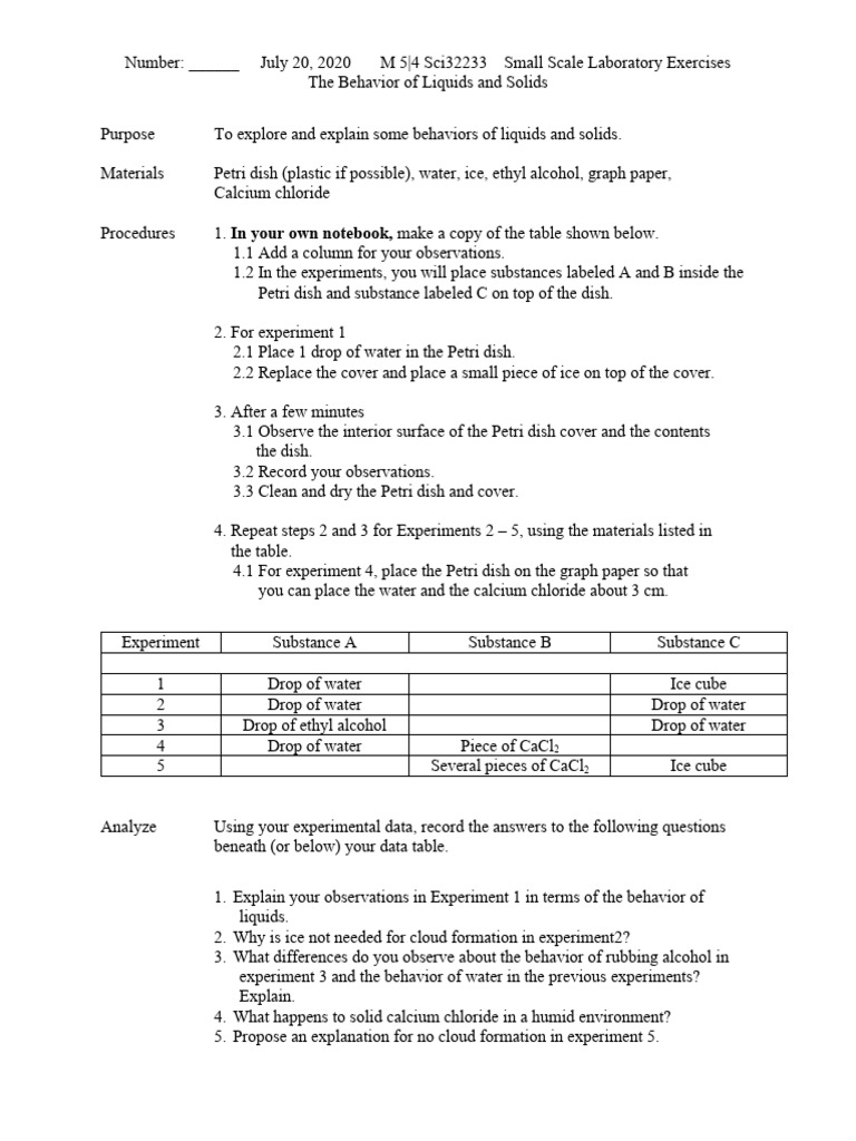Laboratory Experiments on Liquids and Solids | PDF | Water | Experiment
