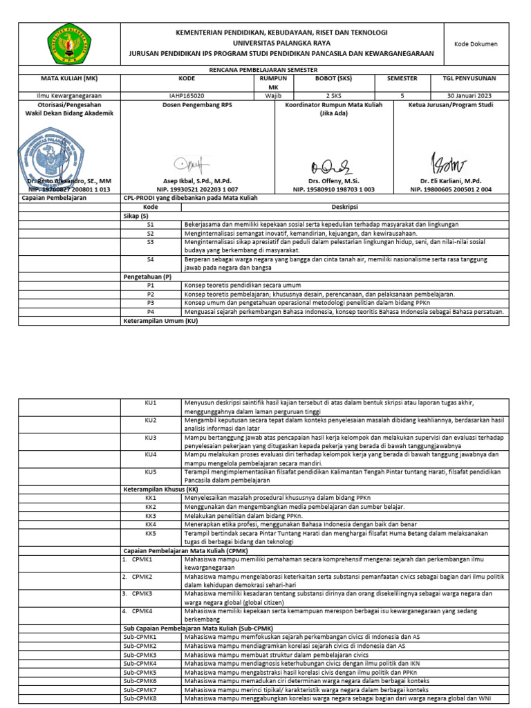 Rps Ilmu Kewaragnegaraan - Prodi PPKN Fkip Upr Tahun 2023 | PDF