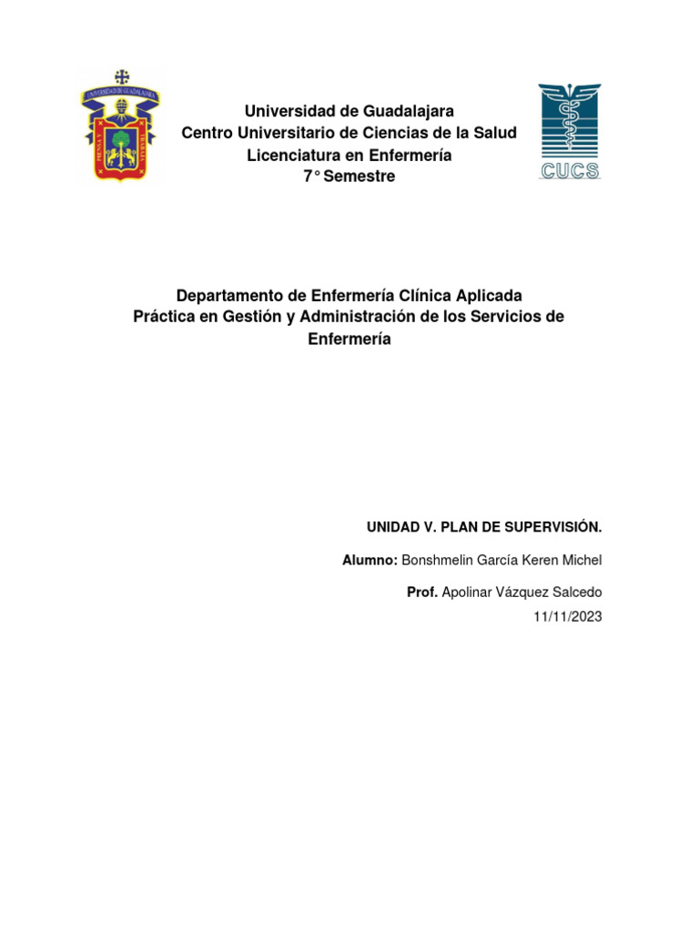 UNIDAD V. PLAN DE SUPERVISIÓN. KMBG | PDF | Hospital | Enfermería