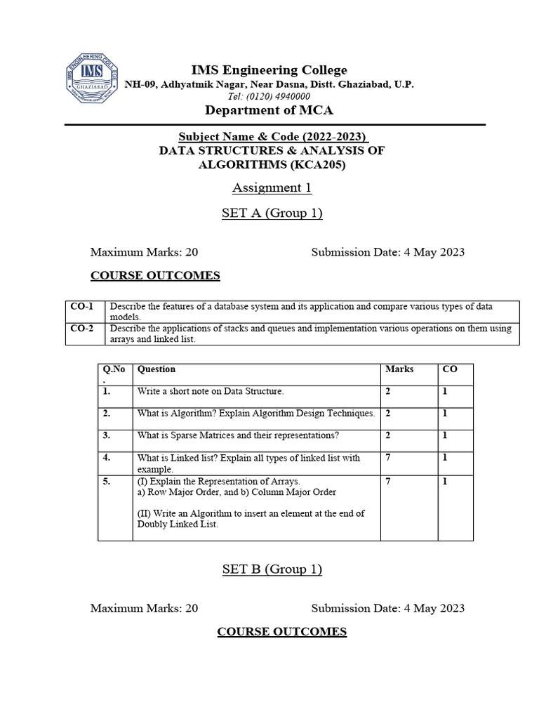 Assigment KCA205 (DS) | PDF | Matrix (Mathematics) | Queue (Abstract Data Type)