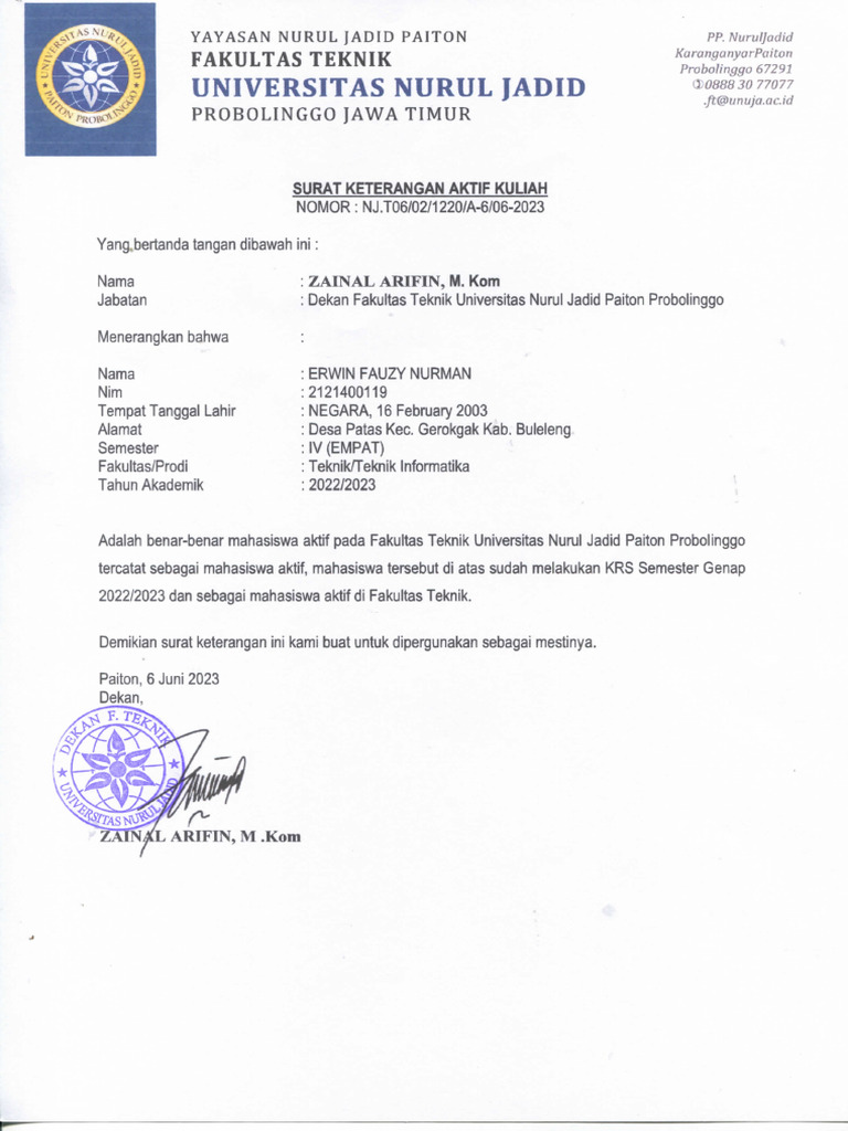 Surat Aktif Kuliah Teknik UNJ | PDF