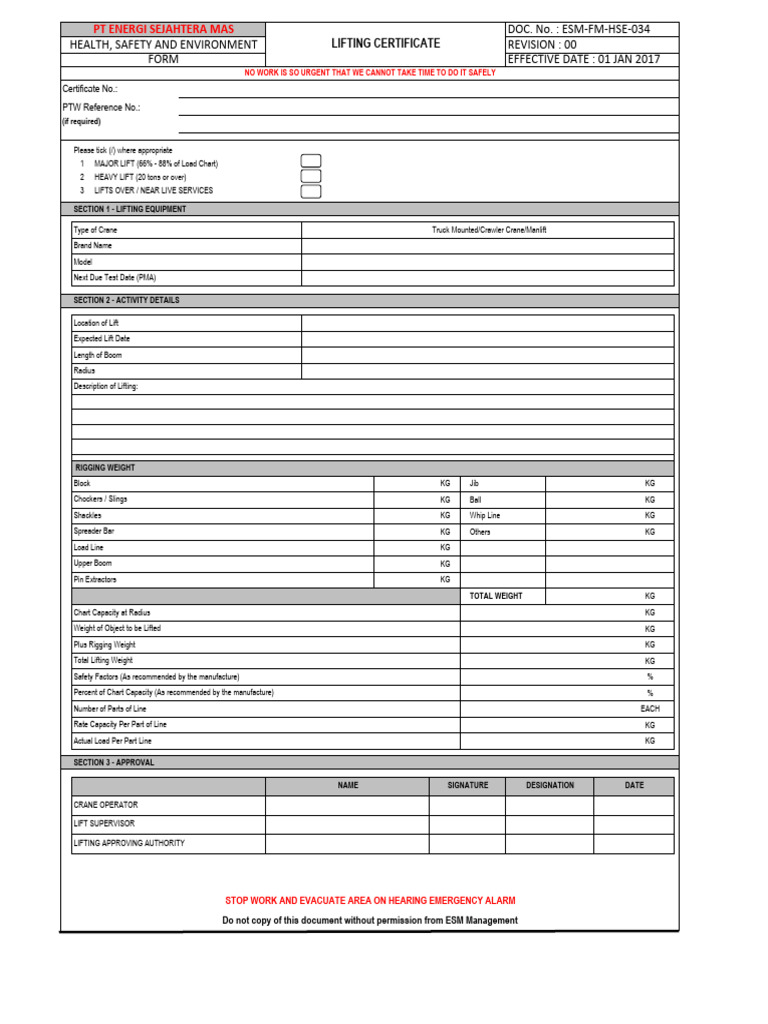Lifting Operations Safety Form | PDF | Crane (Machine) | Manufactured Goods