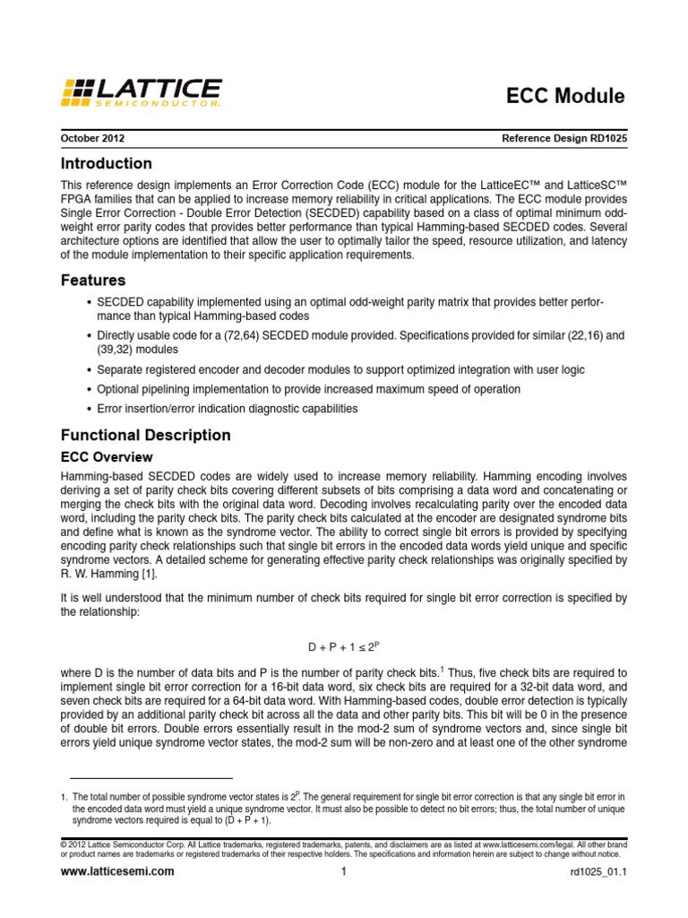 LATTICE - ECC Module (SECDED) | PDF | Error Detection And Correction | Computer Architecture