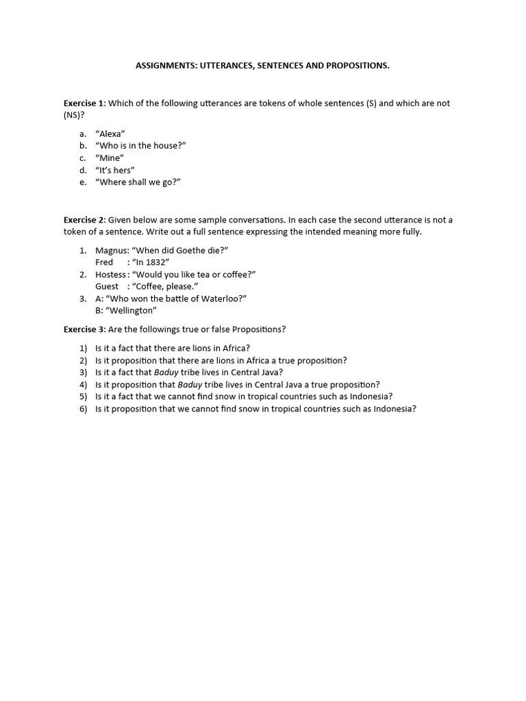 ASSIGNMENTS (Utterances, Sentences and Propositions) | PDF