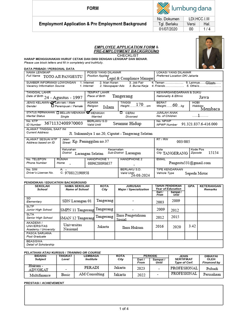 Employment Application & Pre Employment Background Checklist Form | PDF