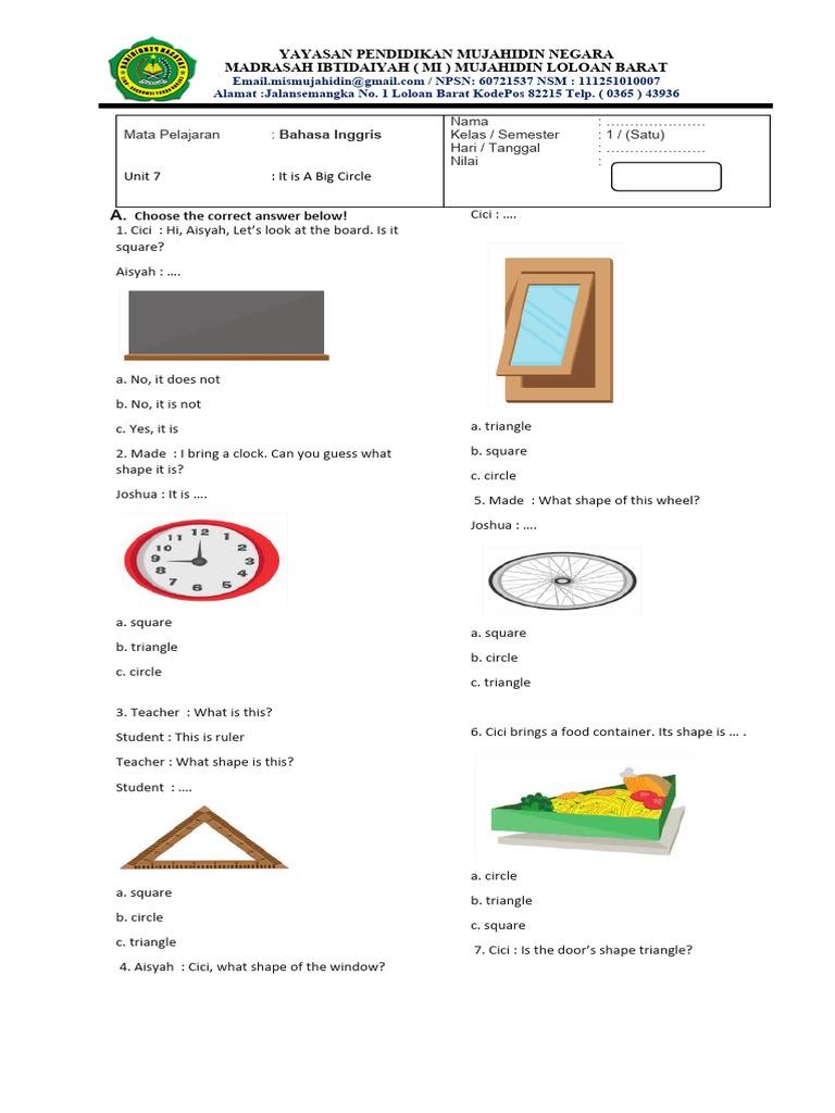Soal Shapes Kelas 1: Unit 7 | PDF