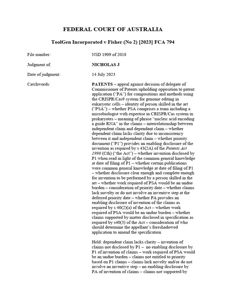 Toolgen Inc V Fisher (No 2) (2023) FCA 794 | PDF | Crispr | Dna