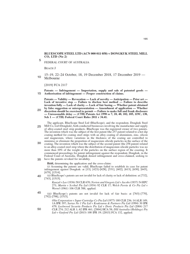 BlueScope Steel LTD V Dongkuk Steel Mill Co, LTD (No 2) (2019) 152 IPR ...