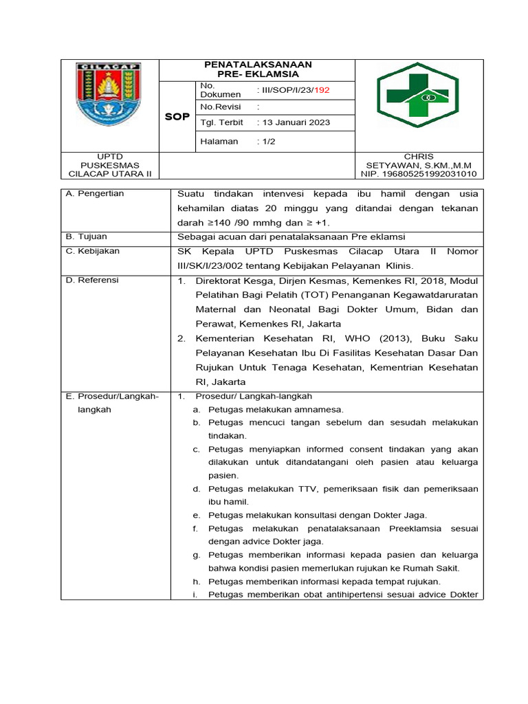 Prosedur Penatalaksanaan Preeklampsia | PDF