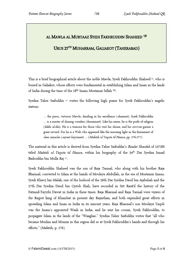 Syedi Fakhruddin Shaheed Biography 1437 BTQ | PDF | Abrahamic Religions ...