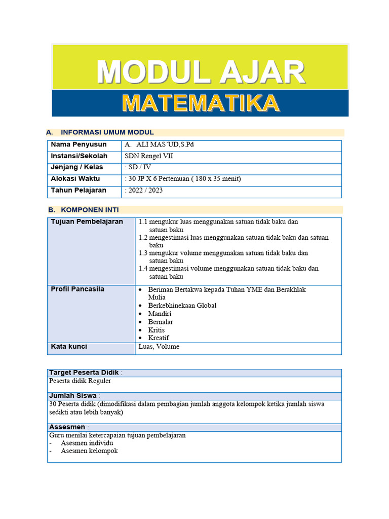 Modul Ajar MTK - Pengukuran Luas Kls 4 | PDF Modul Ajar MTK - Pengukuran Luas Kls 4 | PDF