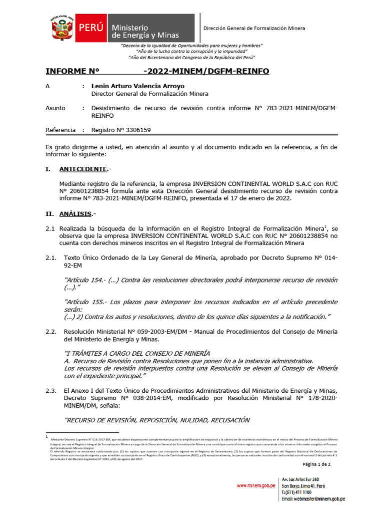 Informe #-2022-Minem/Dgfm-Reinfo: I. Antecedente . | PDF | Gobierno