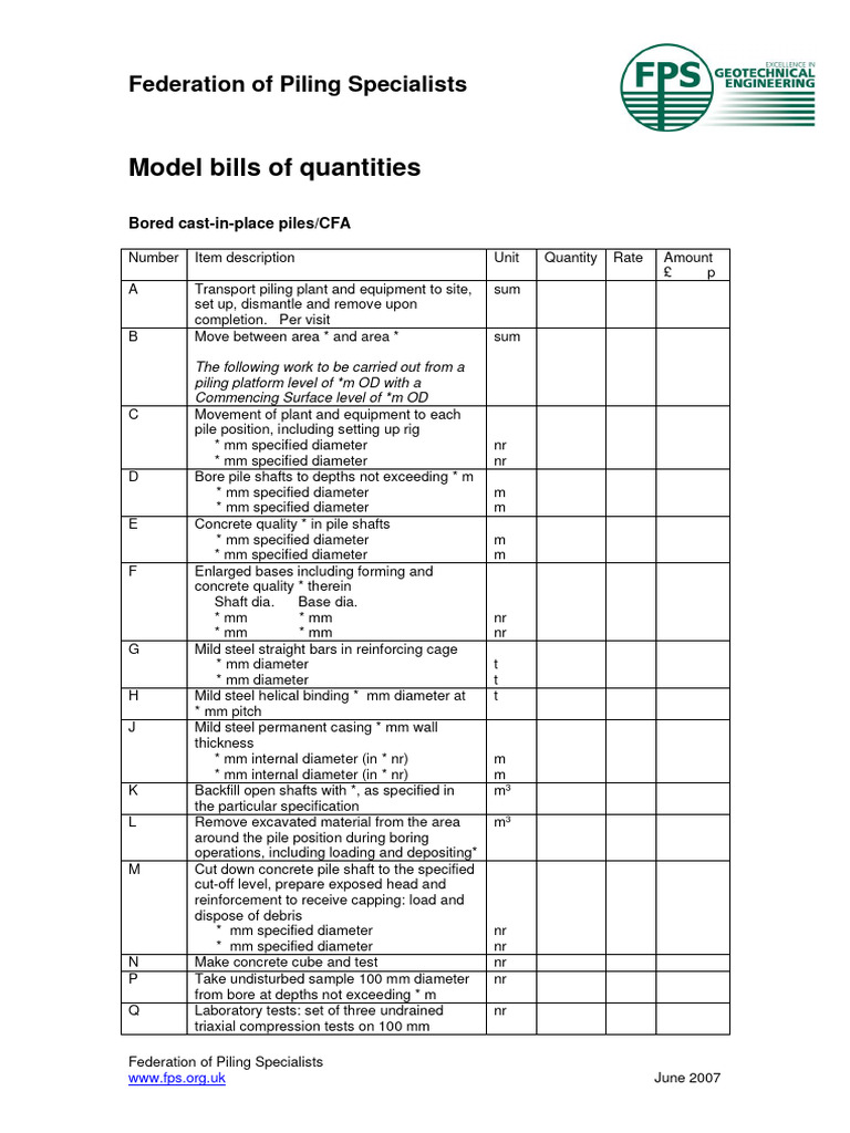 Model Bills of Quantities: Federation of Piling Specialists | Download ...