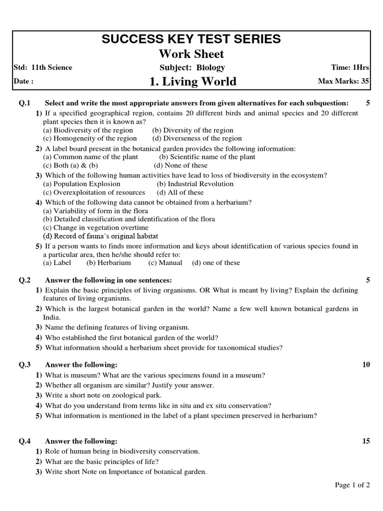 Success Key Test Series Work Sheet 1. Living World: Subject: Biology ...