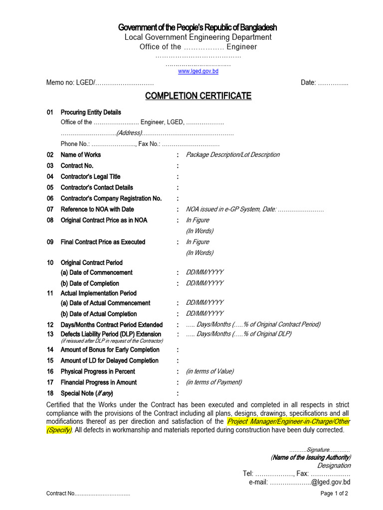 Standard Format For Works Completion Certificate | PDF | Business ...
