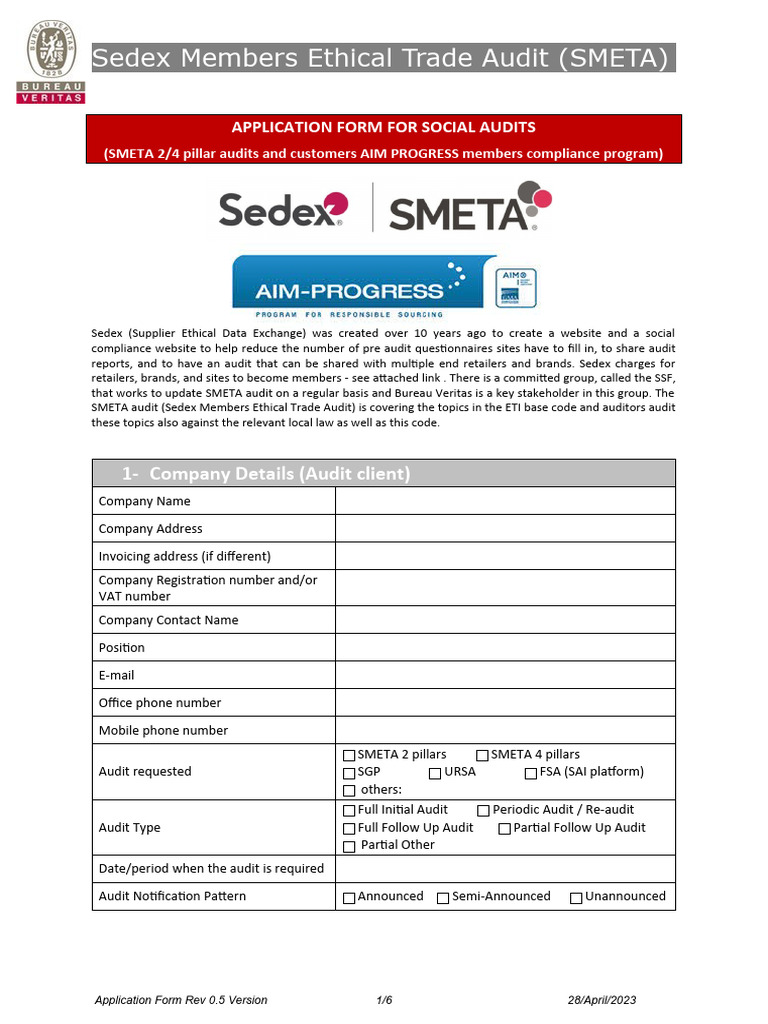 SF01 - Application Form - Social Audit SMETA & AIM PROGRESS | PDF ...