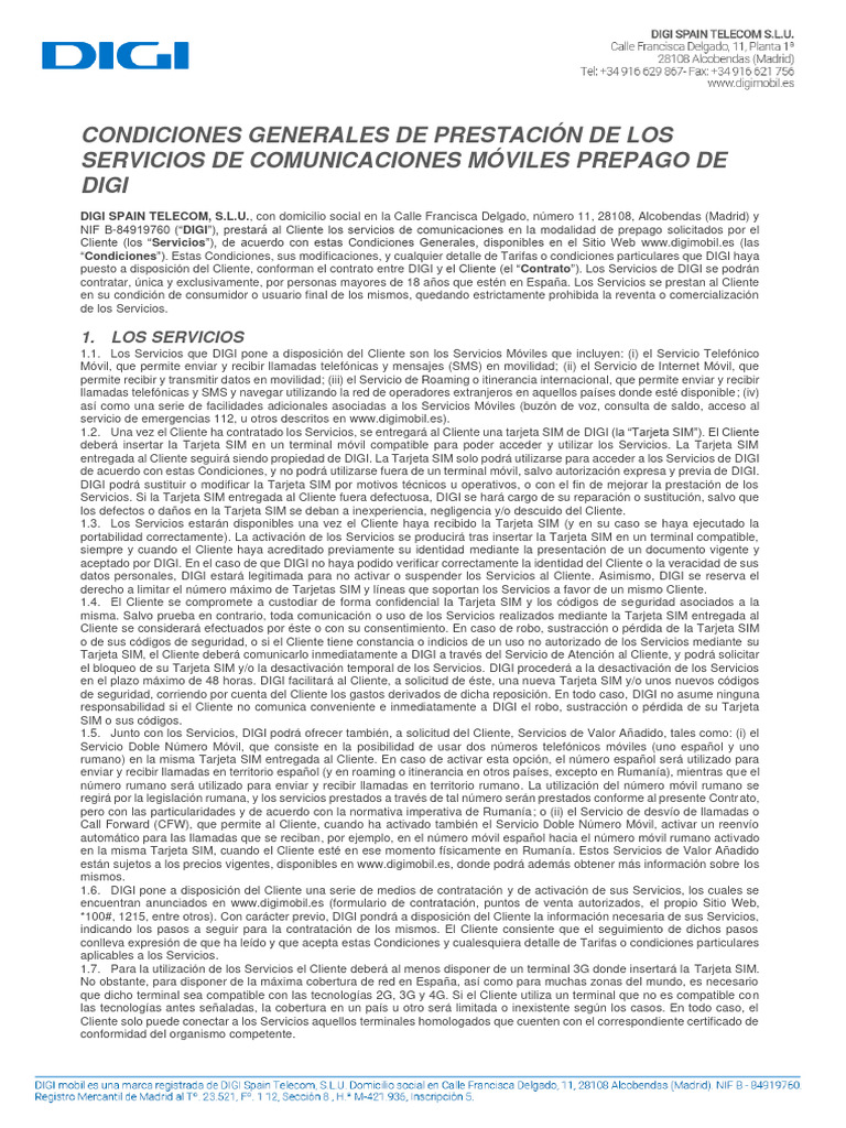 Condiciones Generales de Prestación de Los Servicios de Comunicaciones Móviles Prepago de DIGI ...