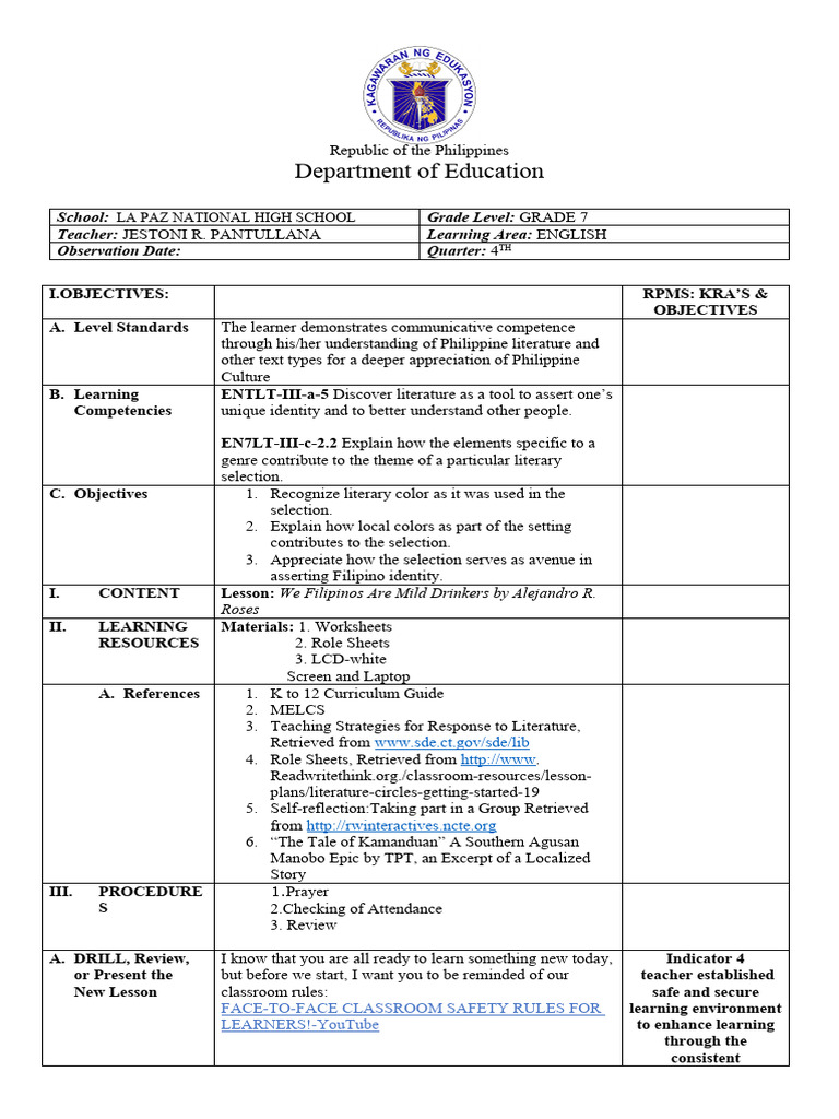 Grade 7 Philippine Literature Lesson | PDF | Lesson Plan | Learning