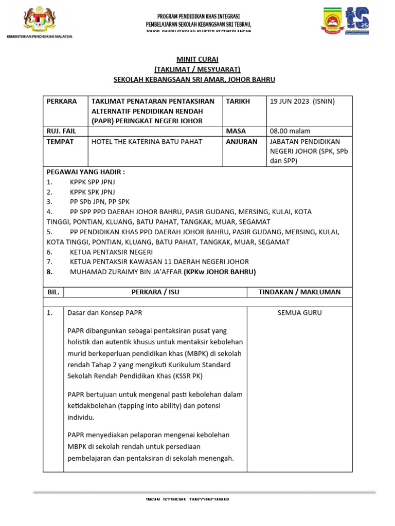 Minit Curai Taklimat PAPR-KPKw 2023 | PDF
