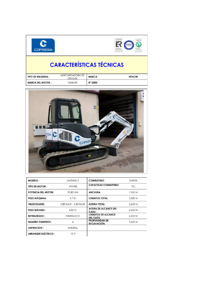 Fichas Tecnicas Miniexcavadora | PDF