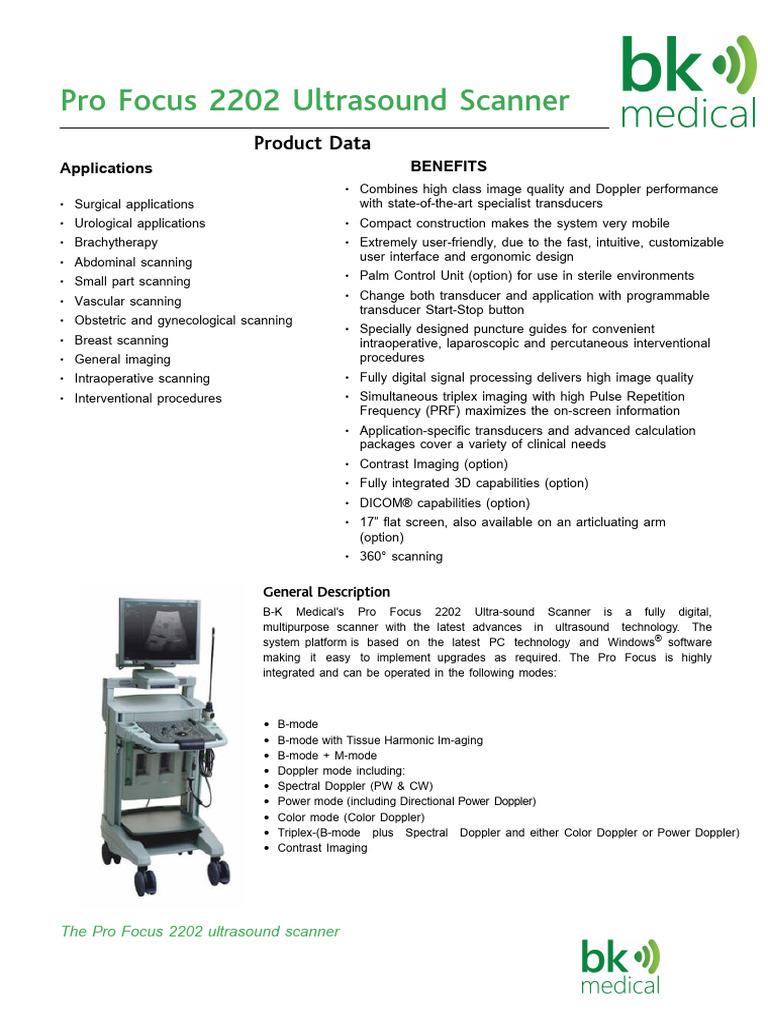 BK Pro Focus 2202 Data Sheet | PDF | Medical Ultrasound | Electronics