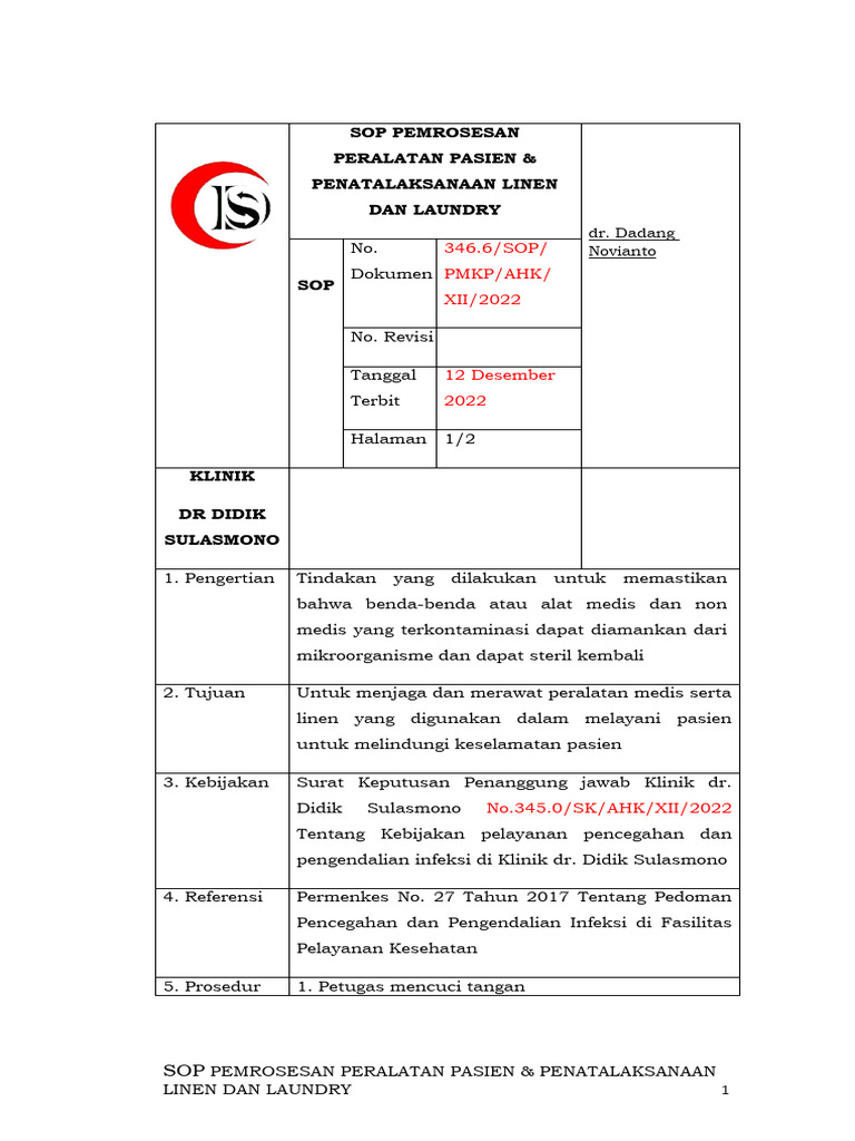 Sop Pemrosesan Peralatan Pasien - Penatalaksanaan Linen Dan Laundry | PDF | Pengembangan Diri ...