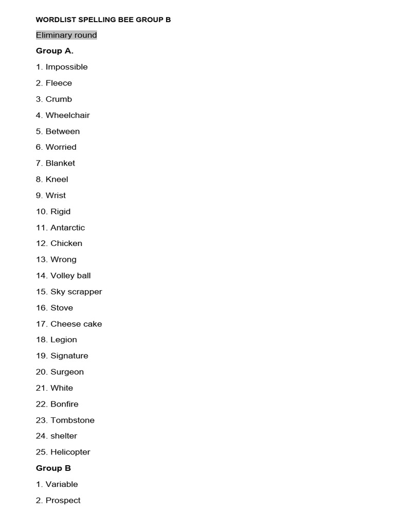 Group B Spelling Bee Word List | PDF