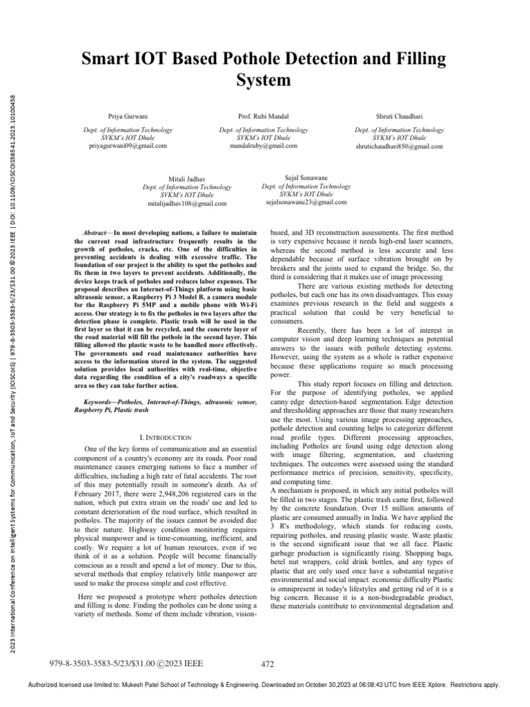 Smart IOT Based Pothole Detection and Filling System | PDF | Internet Of Things | Ultrasound