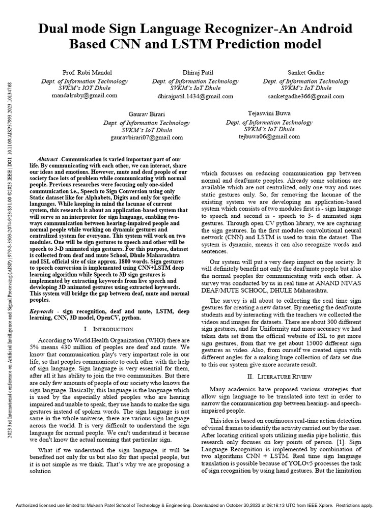 Dual Mode Sign Language Recognizer-An Android Based CNN and LSTM Prediction Model | PDF ...