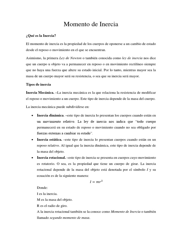 Momento de Inercia | PDF | Inercia | Las leyes del movimiento de Newton Momento de Inercia | PDF | Inercia | Las leyes del movimiento de Newton